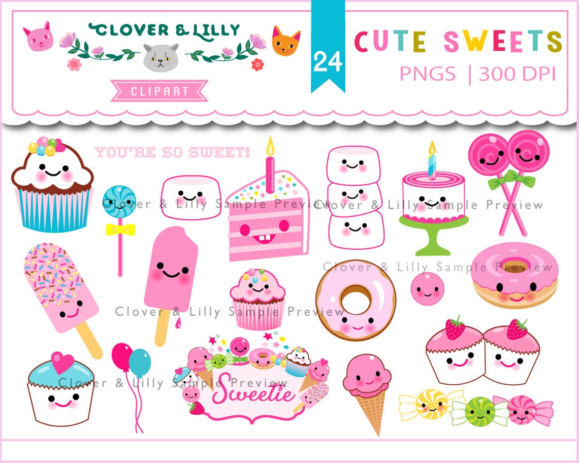 CUTE SWEETS Kawaii Clipart Cupcakes Candy Birthday Cake | Etsy