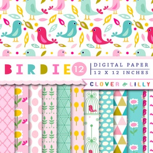 BIRDIE Digital Scrapbook Papers for Card Design, Invites, Birds, Garden ...