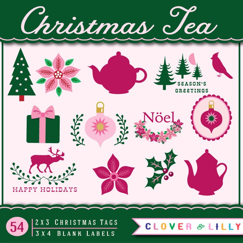 Christmas Tea Clipart, Labels, Tags, Teapot, Poinsettias, Sayings ...