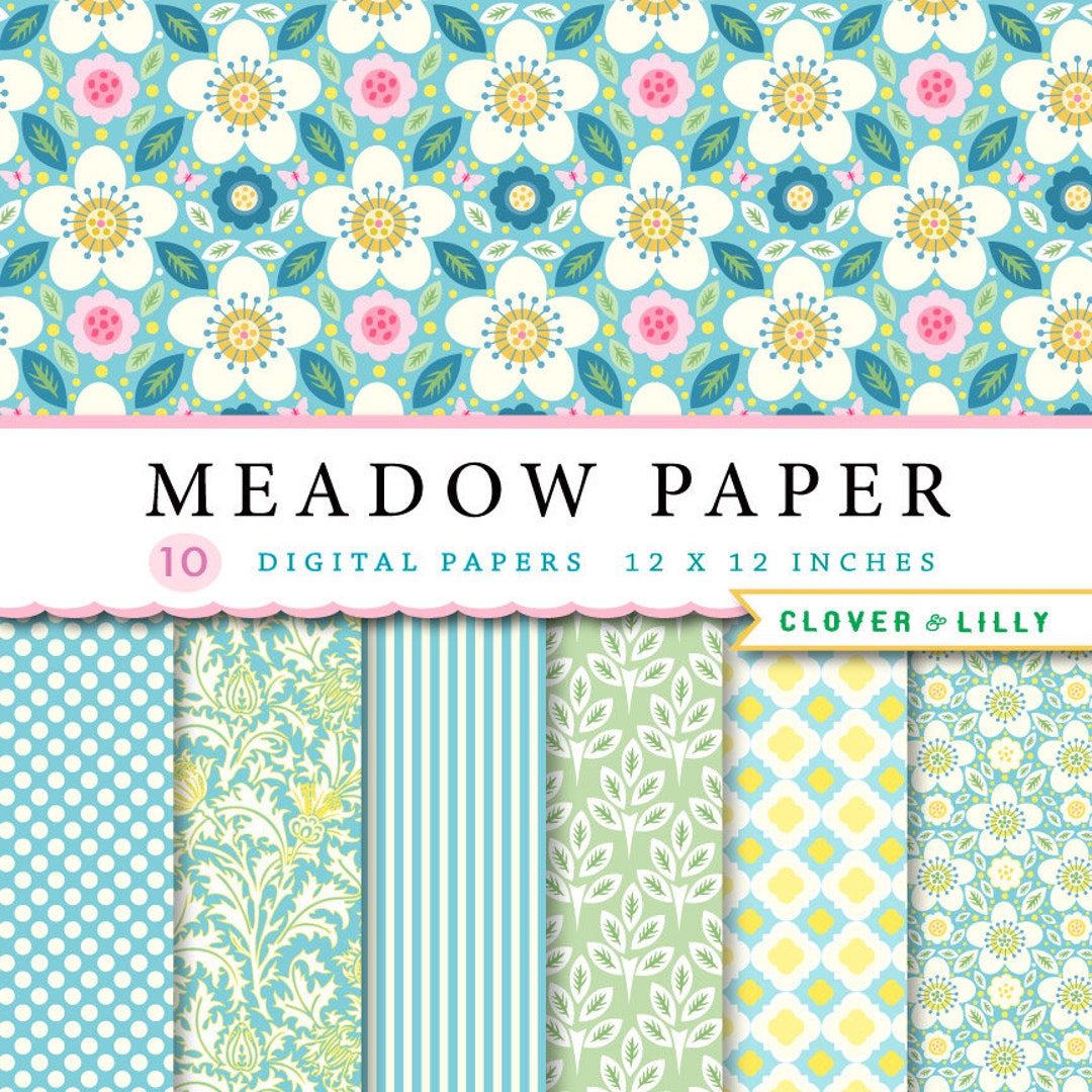 Blue and Yellow Digital Papers With Modern Floral Designs, Butterflies ...