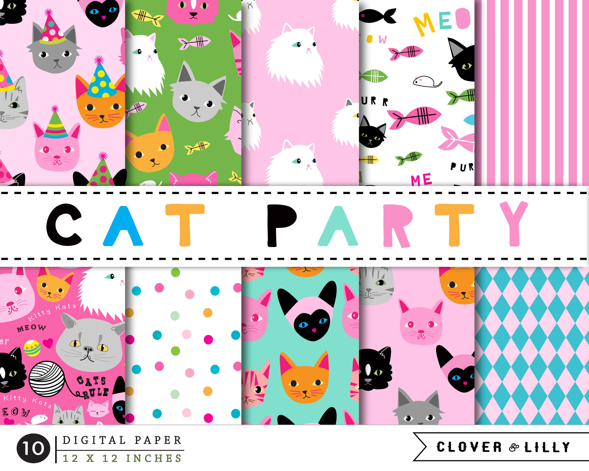 CAT PARTY Digital Scrapbook Paper Cats Birthday Persian | Etsy