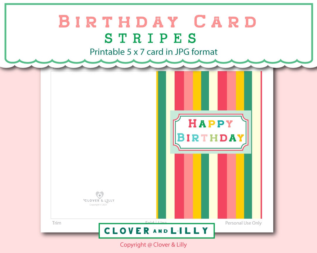 Printable Birthday Card in Colorful Stripes. Bright Colors 5 X - Etsy