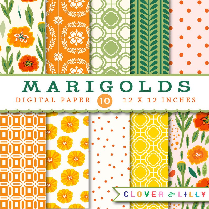 Marigolds Digital Paper, Floral Scrapbook Papers, Spring Card Crafts ...