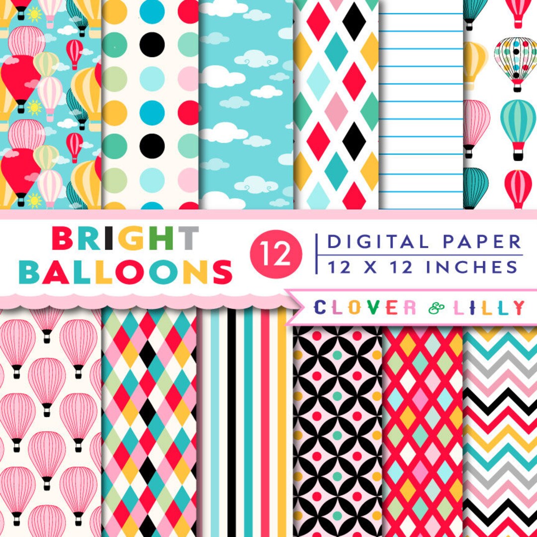 Hot Air Balloons Digital Papers Balloons Bright Colors Birthday Invites ...