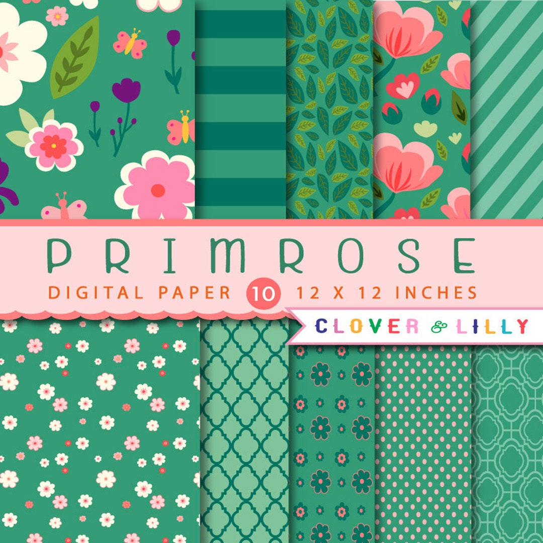 Primrose Digital Paper With Flowers, Buds and Blooms, Spring, Green ...