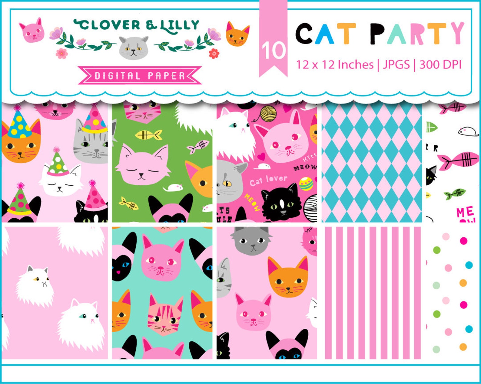 CAT PARTY Digital Scrapbook Paper Cats Birthday Persian | Etsy