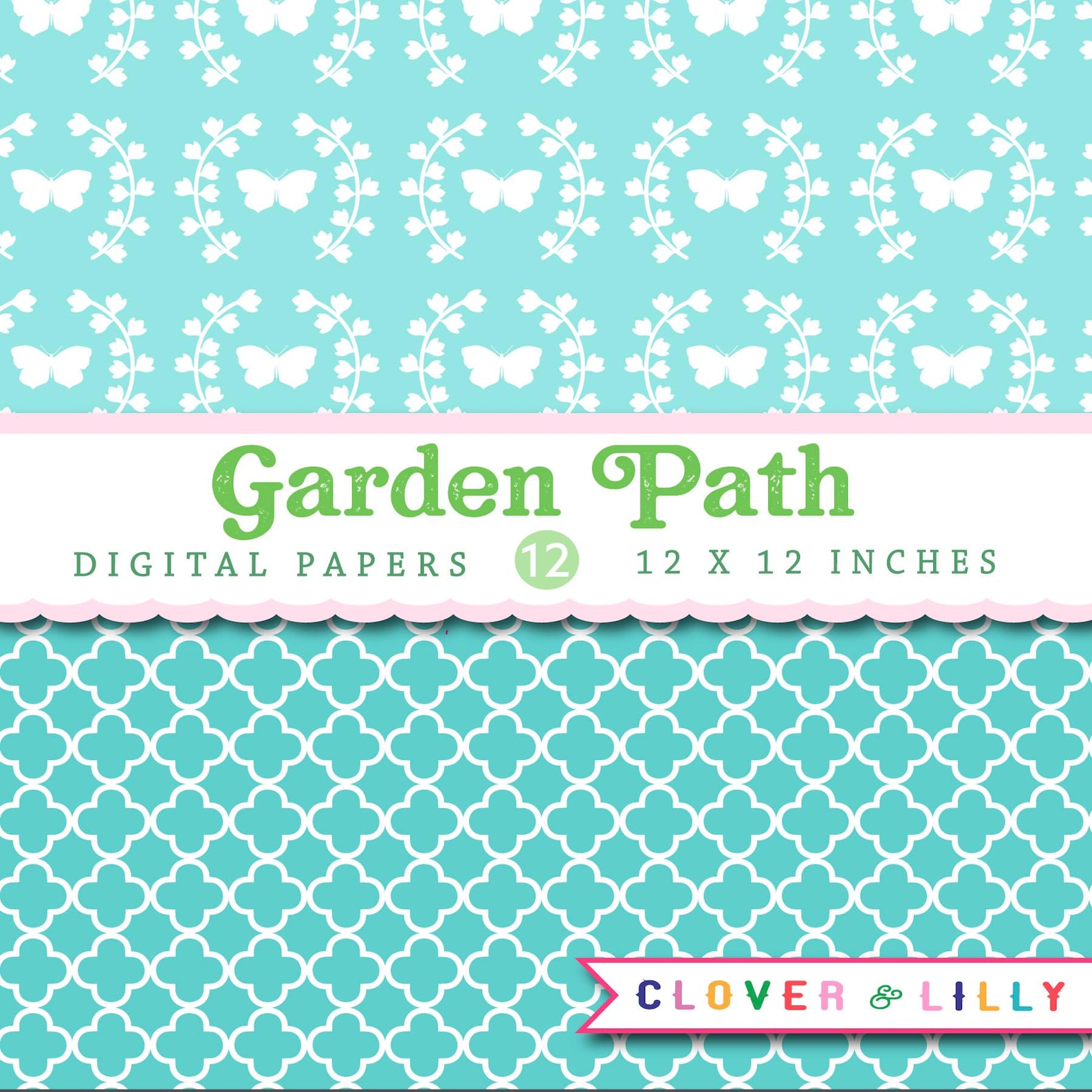 GARDEN PATH Digital Paper With Flowers, Quatrefoil, Butterflies ...