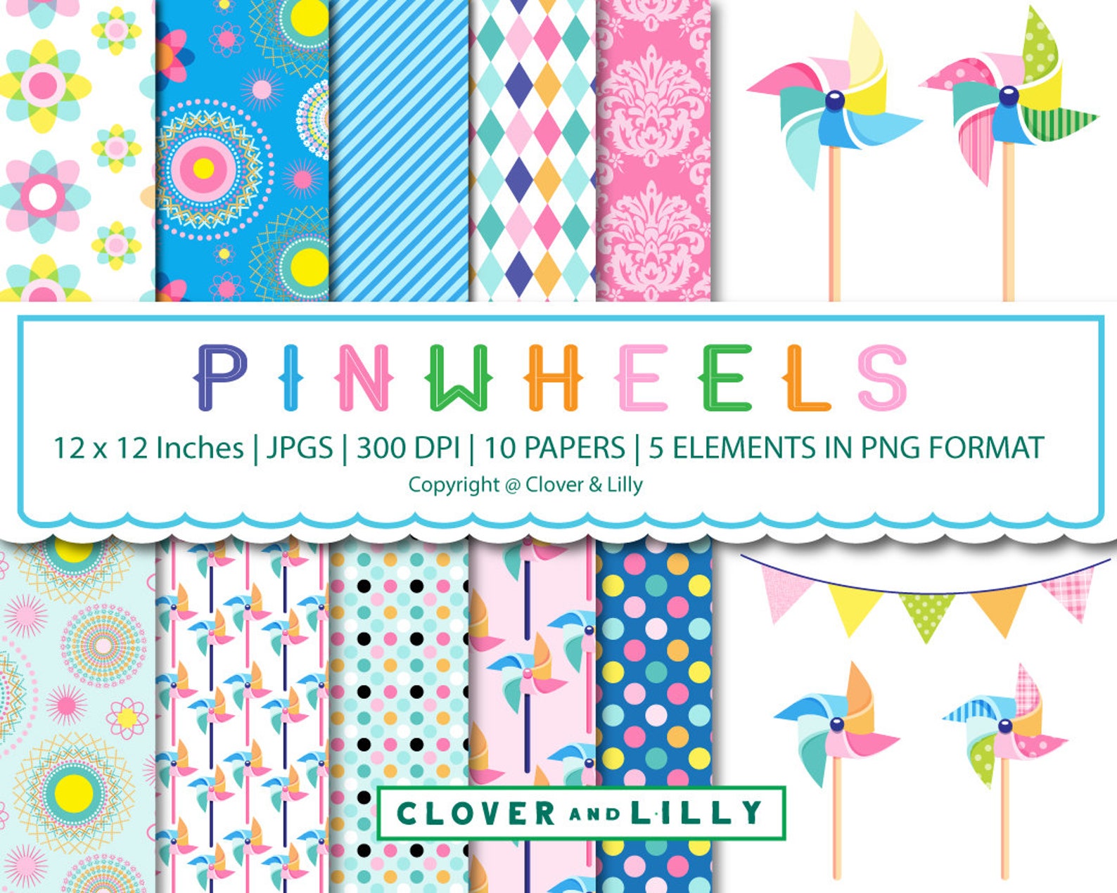 Pinwheel Clipart and Digital Papers Summer Bunting Bright | Etsy