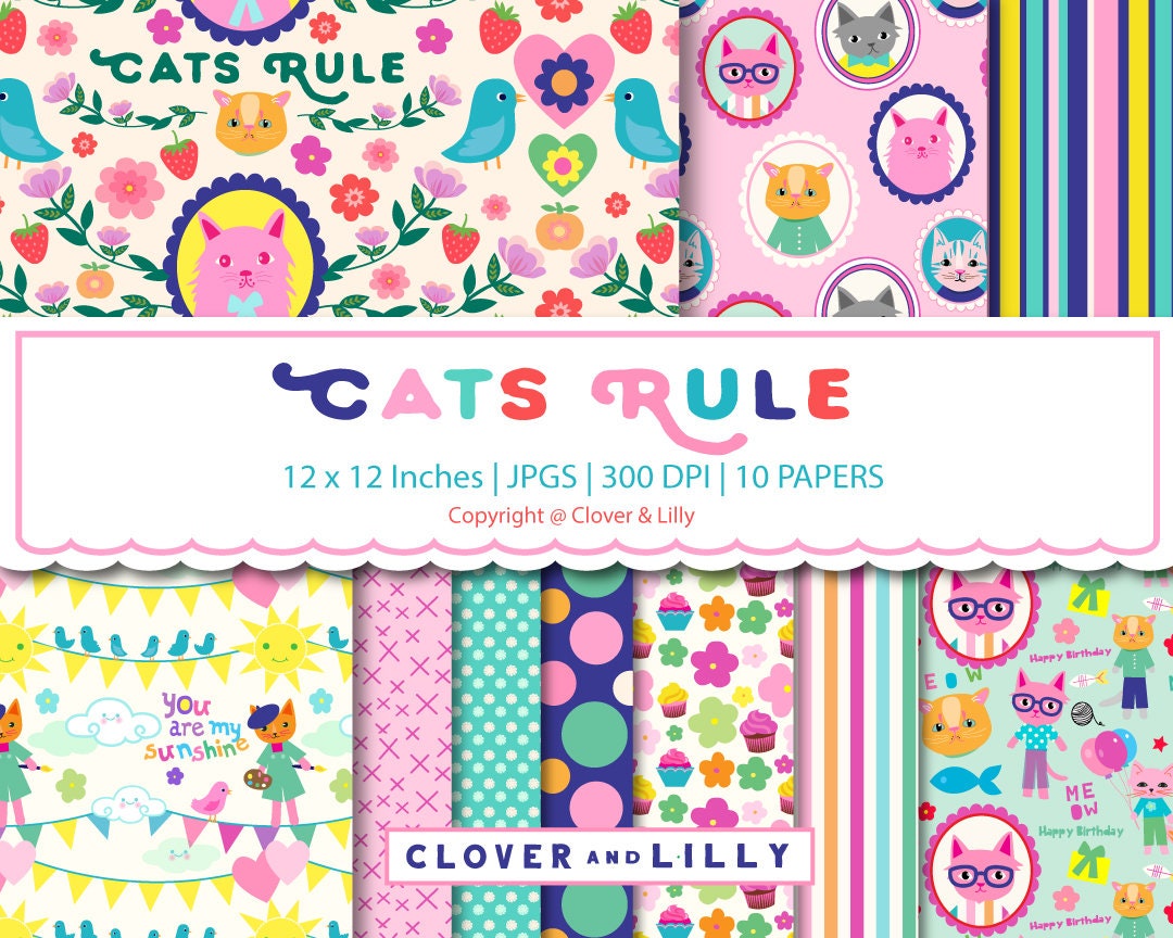 Cats Rule Digital Papers for Cat Lovers Birthday Party Fun | Etsy