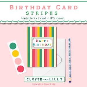 Printable Birthday Card in Colorful Stripes. Bright Colors 5 X 7 ...