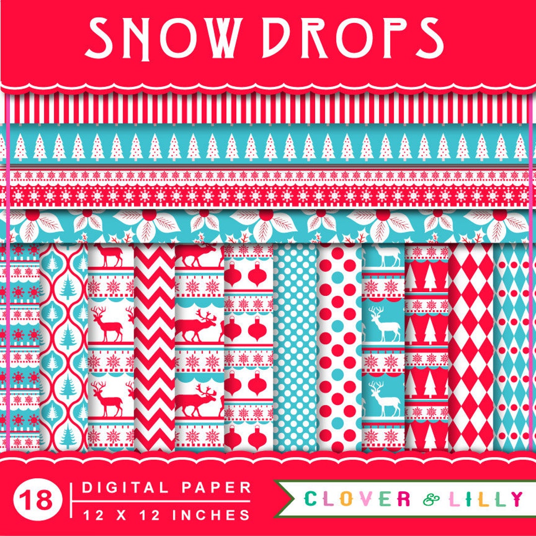 Christmas Digital Paper, SNOW DROPS, Scandinavian, Red and Turquoise ...