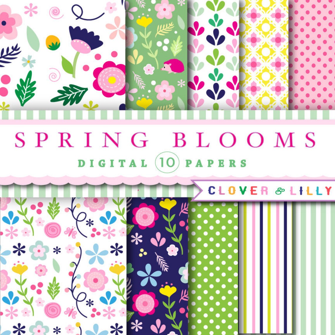 SPRING BLOOMS Floral Digital Paper With Spring Flowers With Polka Dots ...