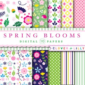 SPRING BLOOMS Floral Digital Paper With Spring Flowers With Polka Dots ...