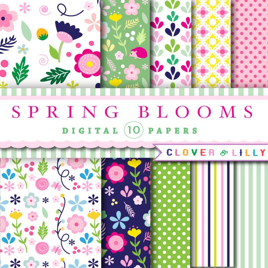 SPRING BLOOMS Floral Digital Paper With Spring Flowers With Polka Dots ...