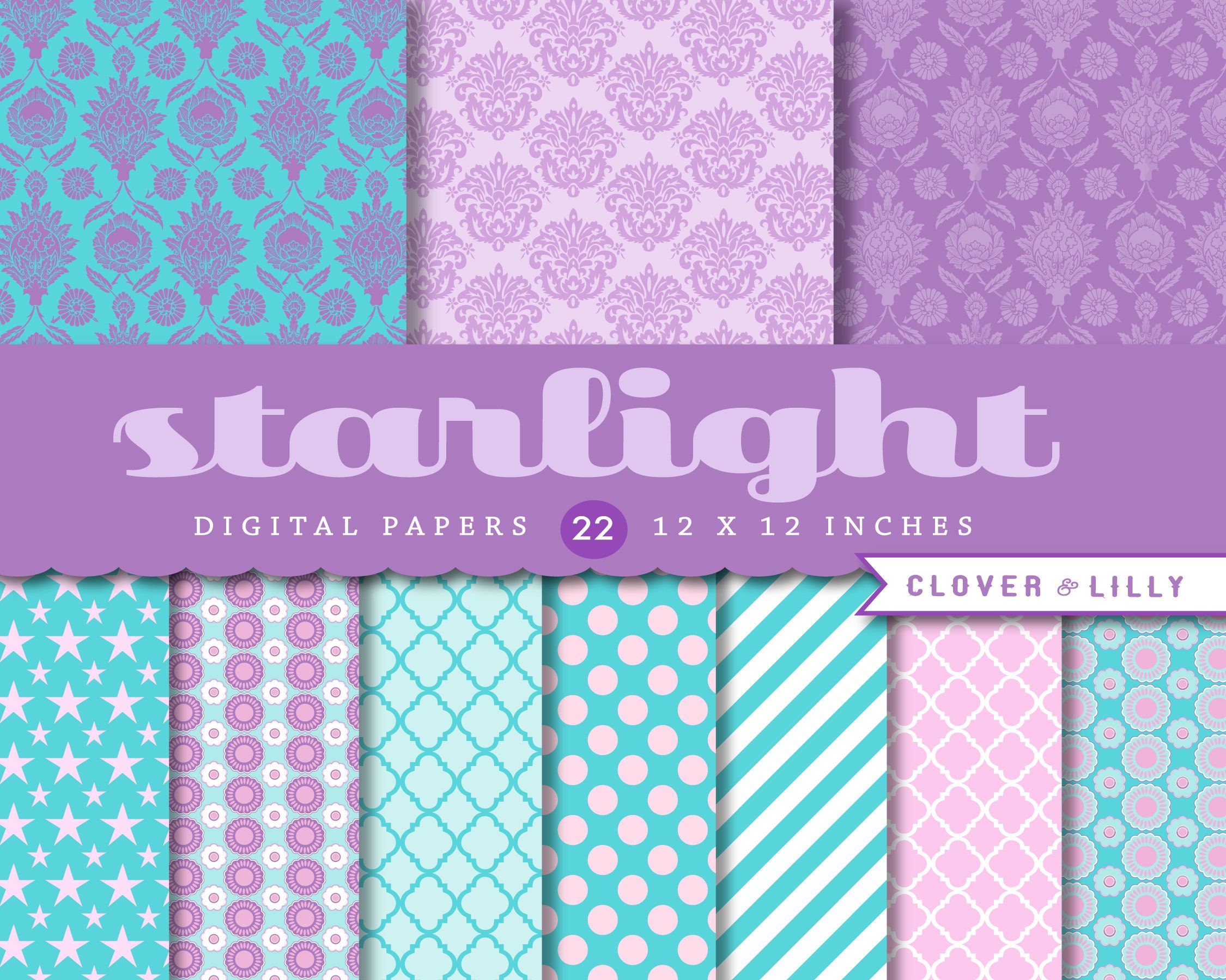 22 Digital Scrapbook Papers Purple Pink Turquoise Teal - Etsy