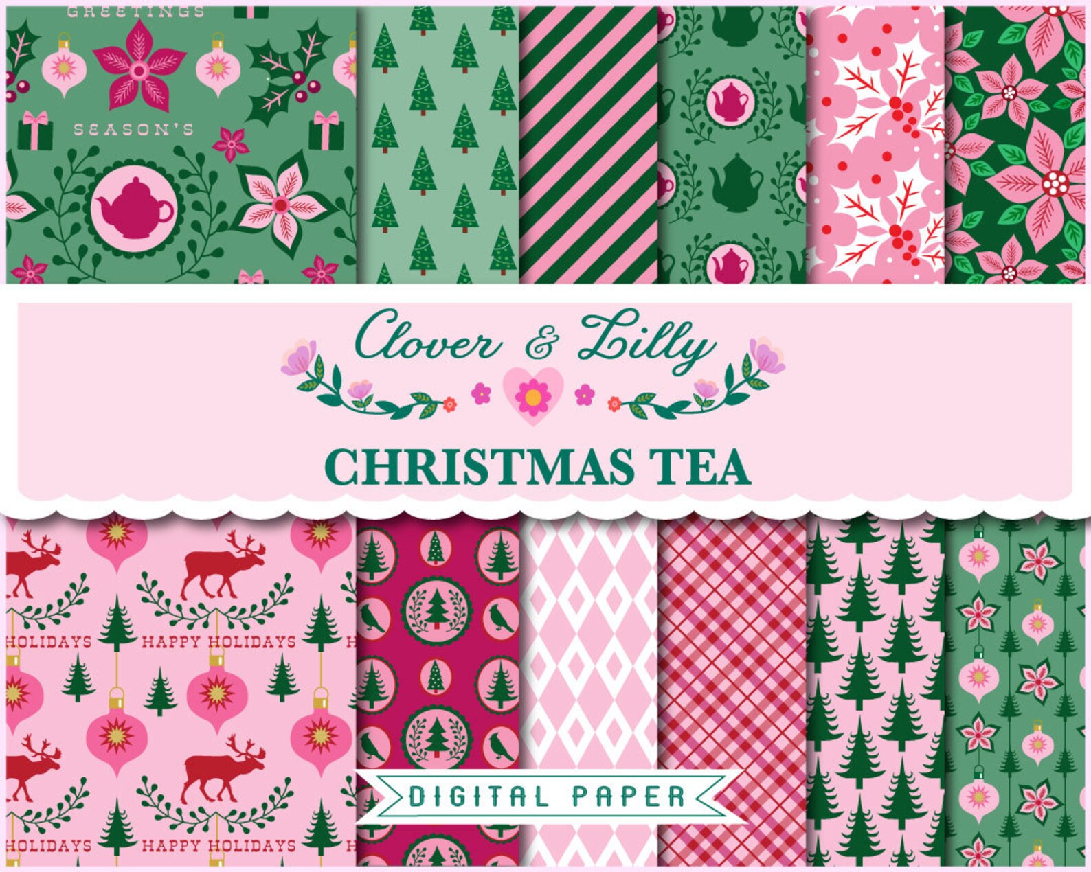Christmas Digital Paper modern Christmas Tea Scrapbook papers | Etsy