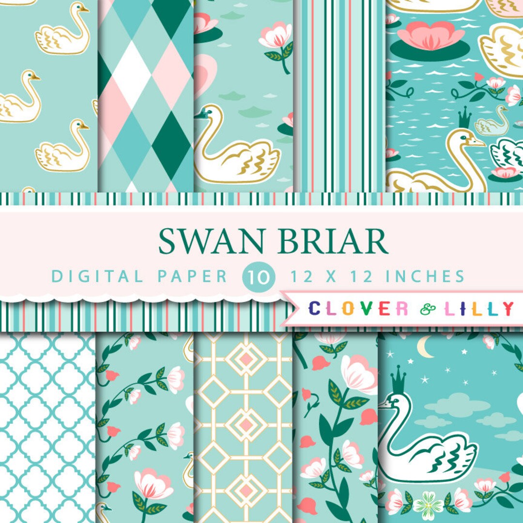 SWAN BRIAR Digital Paper With Swans, Flowers, Buds, Lilies, Light Blue ...