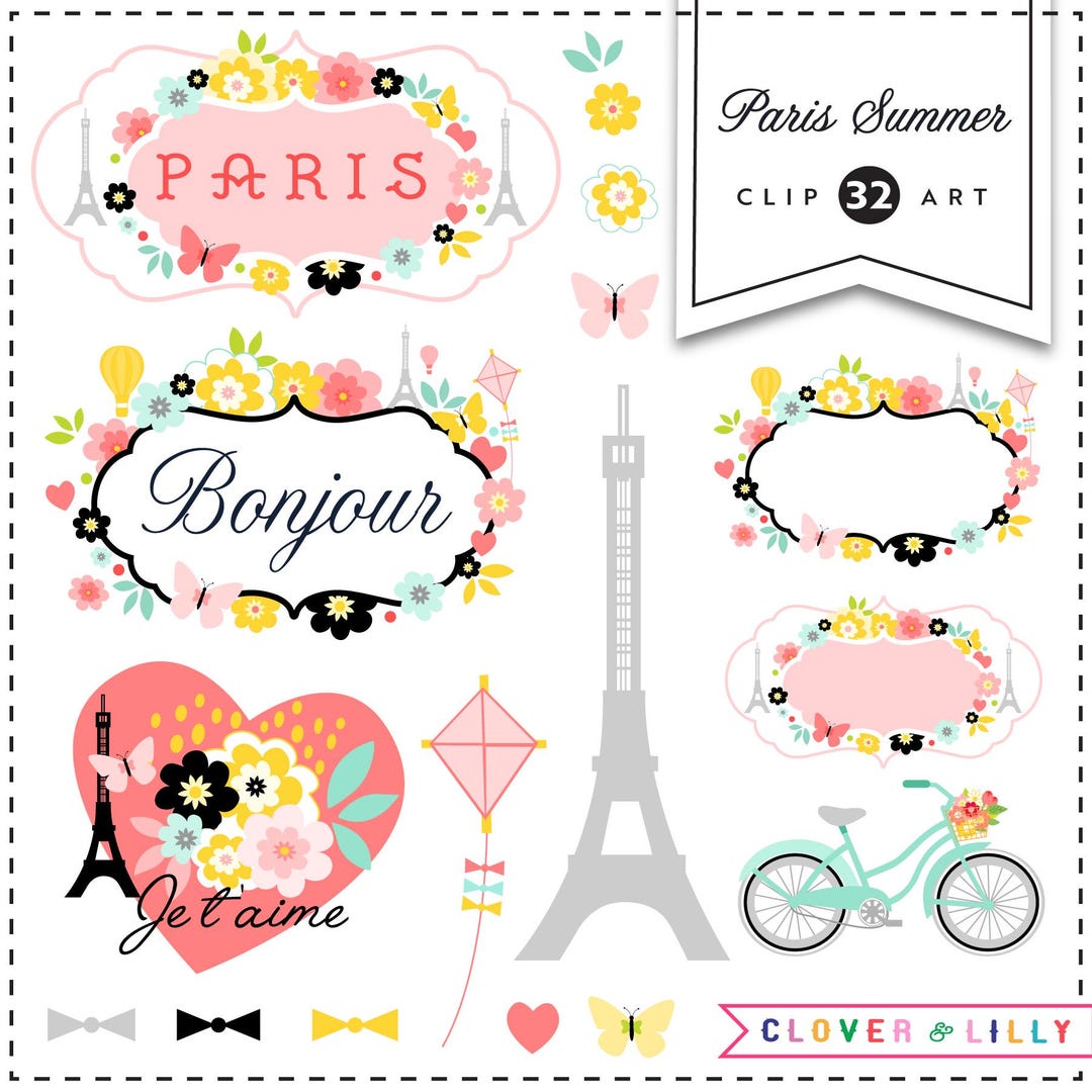Paris Clipart With the Eiffel Tower, Travel, Romantic, Modern Scrapbook ...