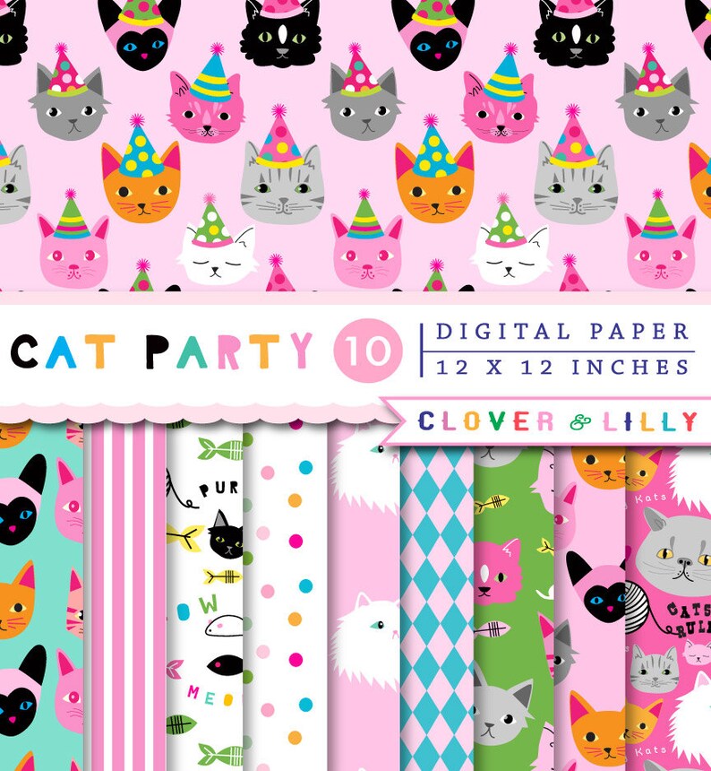 CAT PARTY Digital Scrapbook Paper, Cats, Birthday, Persian, Siamese ...