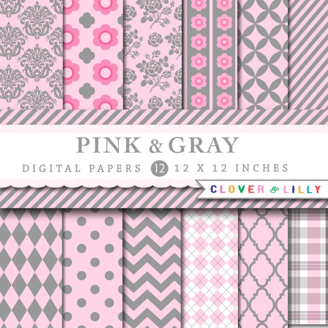 Pink and Gray Digital Paper With Damask, Quatrefoil, Geometric Designs ...