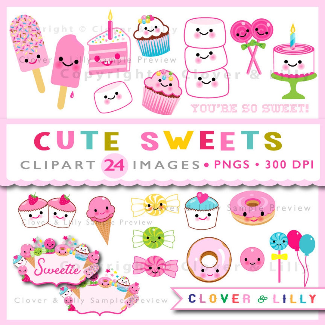 CUTE SWEETS, Kawaii Clipart, Cupcakes, Candy, Birthday Cake, Party, Ice ...
