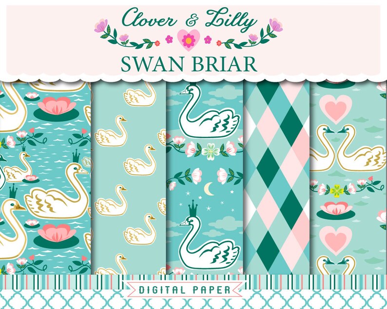 SWAN BRIAR digital paper with swans flowers buds lilies | Etsy