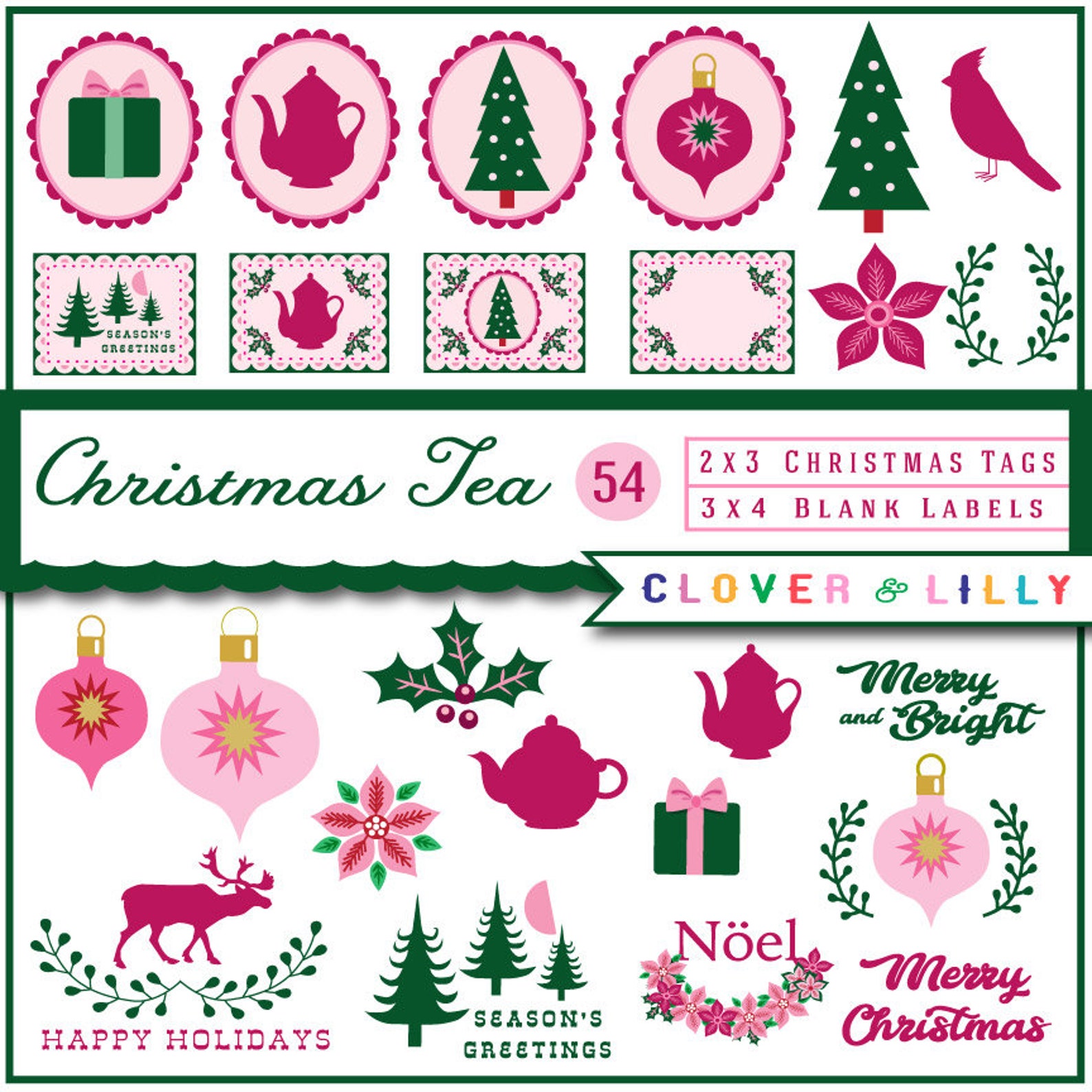 Christmas Tea Clipart, Labels, Tags, Teapot, Poinsettias, Sayings ...