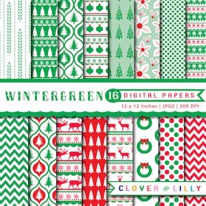 Christmas Digital Paper, Wintergreen Scandinavian, Green and Red ...