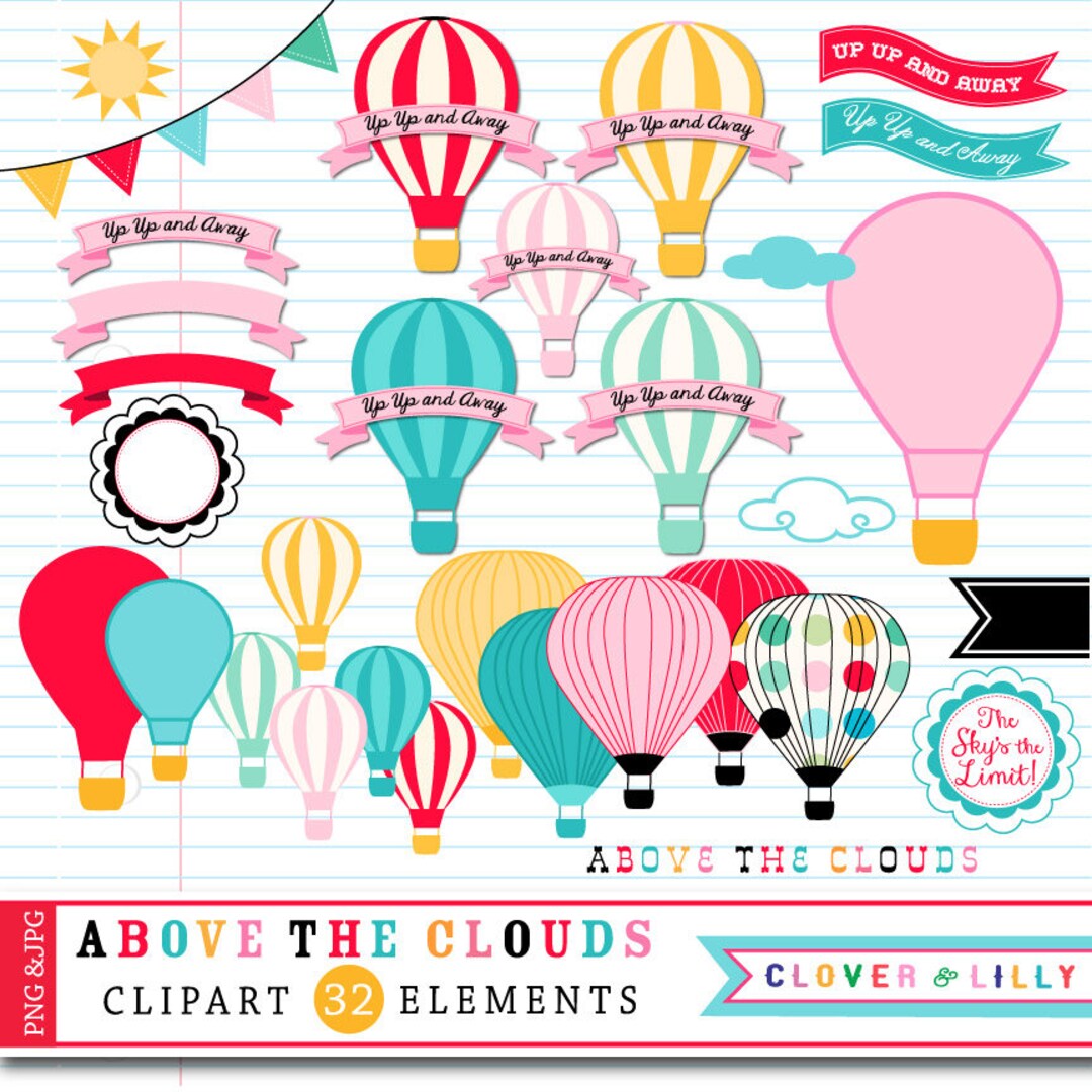 Hot Air Balloons Clipart With Bright Colors Up, Up, and Away, INSTANT ...