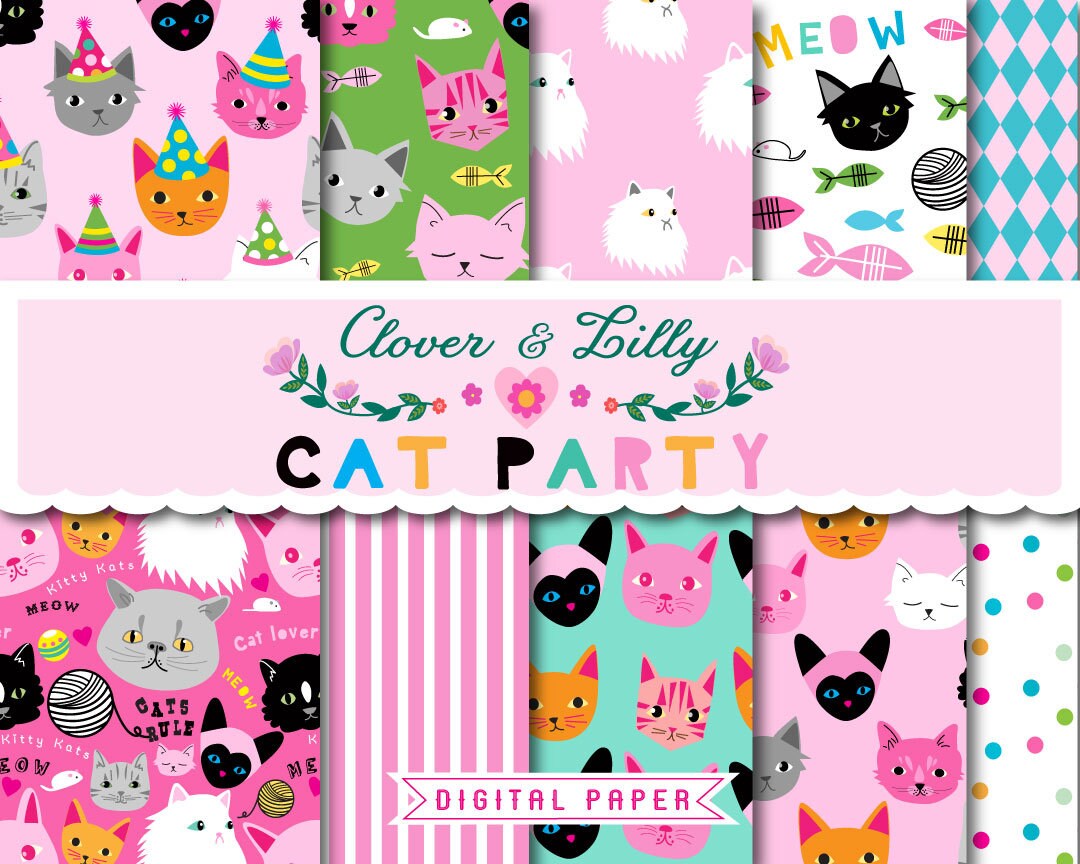 CAT PARTY Digital Scrapbook Paper Cats Birthday Persian - Etsy