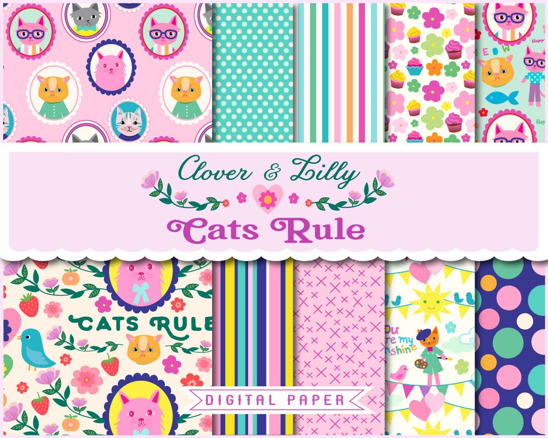 Cats Rule Digital Papers for Cat Lovers Birthday Party Fun | Etsy