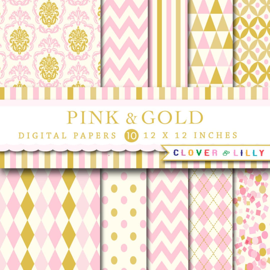Pink and Gold Digital Paper With Geometric Patterns, Scrapbook Papers ...