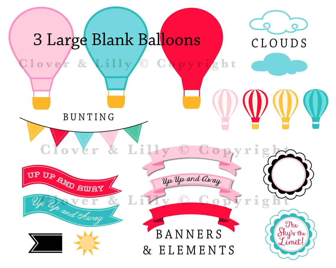 Hot Air Balloons Clipart With Bright Colors Up Up and Away - Etsy