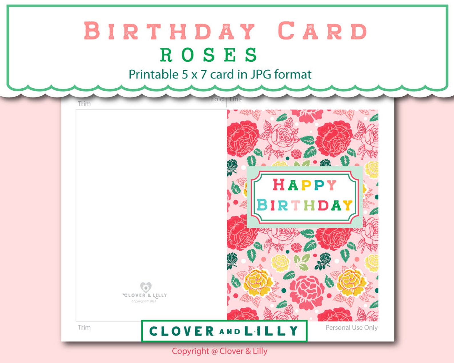 Printable Roses Birthday Card. Bright Colors 5 X 7 Formatted to Letter ...