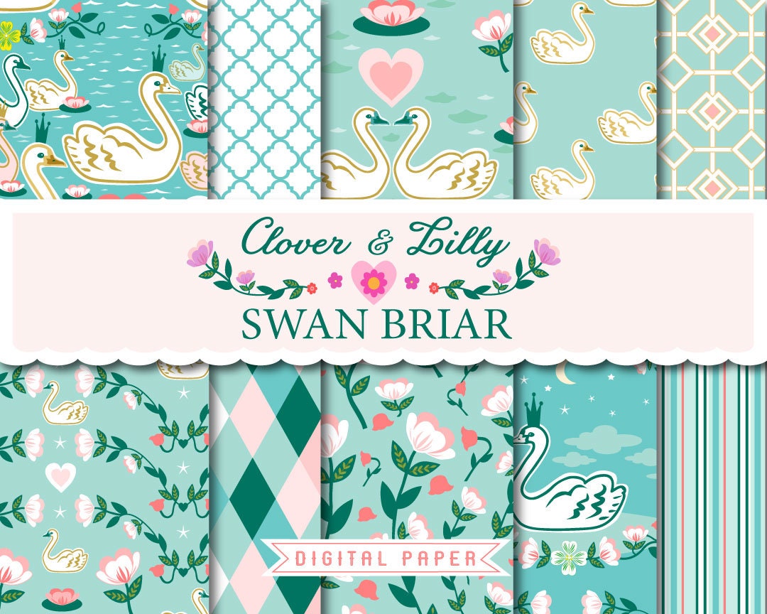 SWAN BRIAR Digital Paper With Swans Flowers Buds Lilies - Etsy