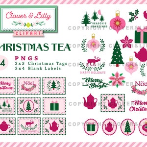 Christmas Tea Clipart Labels Tags Teapot Poinsettias - Etsy