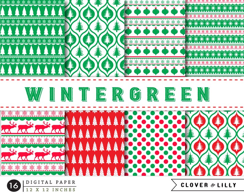 Christmas Digital Paper Wintergreen Scandinavian Green and - Etsy