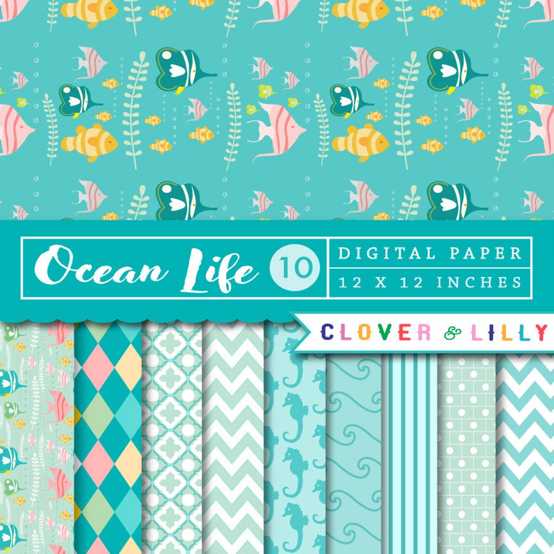 OCEAN LIFE Digital Paper With Saltwater Fish, Sea, Seahorse, Mermaid ...