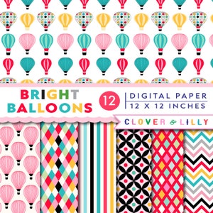 Hot Air Balloons Digital Papers Balloons Bright Colors Birthday Invites ...