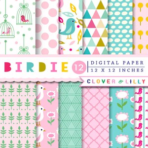 BIRDIE Digital Scrapbook Papers for Card Design, Invites, Birds, Garden ...