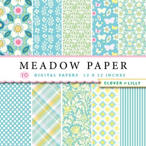 Blue and Yellow Digital Papers With Modern Floral Designs, Butterflies ...