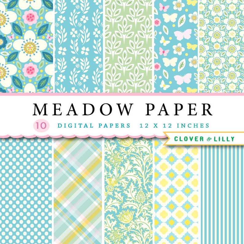 Blue and Yellow Digital Papers With Modern Floral Designs, Butterflies ...