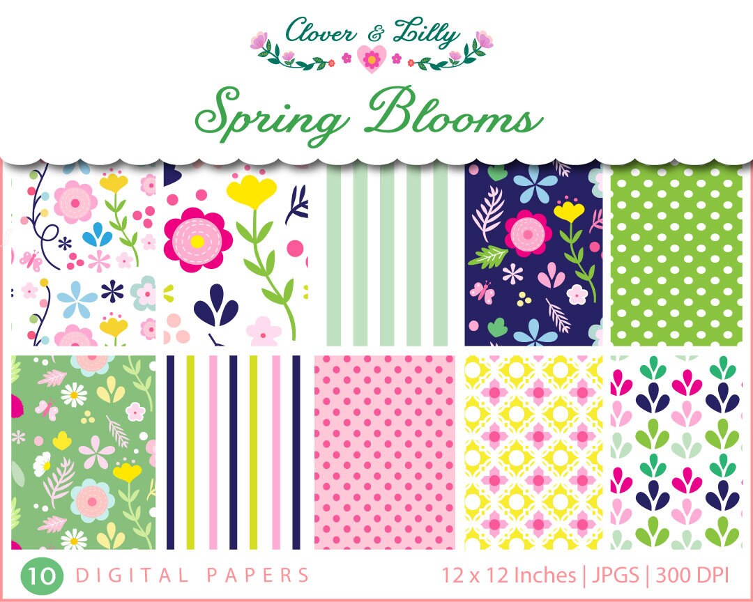 SPRING BLOOMS Floral Digital Paper With Spring Flowers With - Etsy
