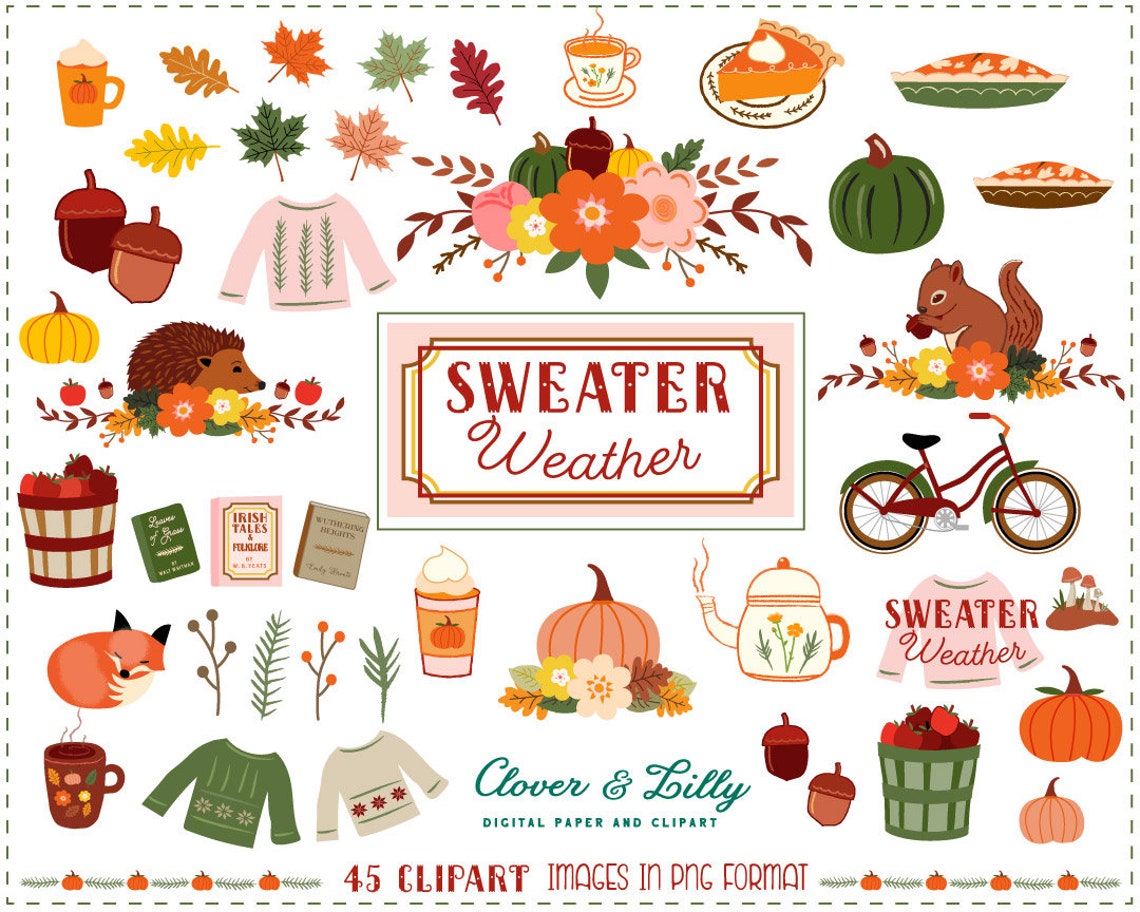 Sweater Weather Autumn Clipart With Pumpkins Acorns Pumpkin - Etsy