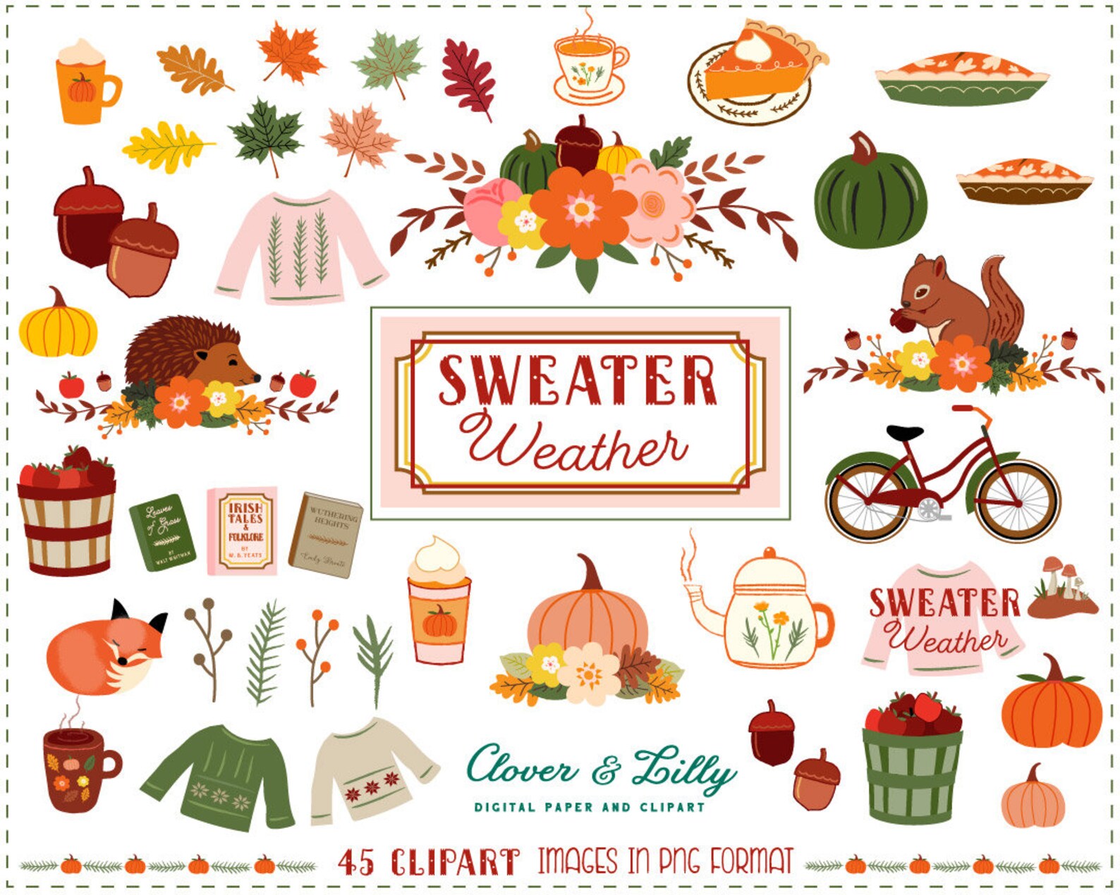 Sweater Weather Autumn Clipart With Pumpkins Acorns Pumpkin - Etsy