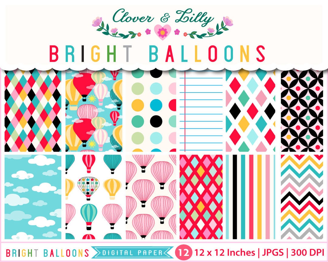 Hot Air Balloons Digital Papers Balloons Bright Colors - Etsy