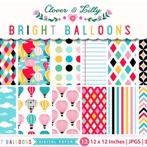 Hot Air Balloons Digital Papers Balloons Bright Colors Birthday Invites ...