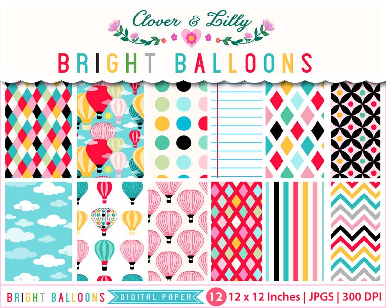 Hot Air Balloons Digital Papers Balloons Bright Colors Birthday Invites ...