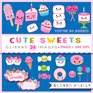 CUTE SWEETS, Kawaii Clipart, Cupcakes, Candy, Birthday Cake, Party, Ice ...