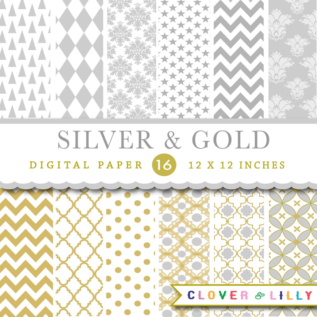 Elegant Silver and Gold Digital Paper for Christmas, Holiday, Damask ...